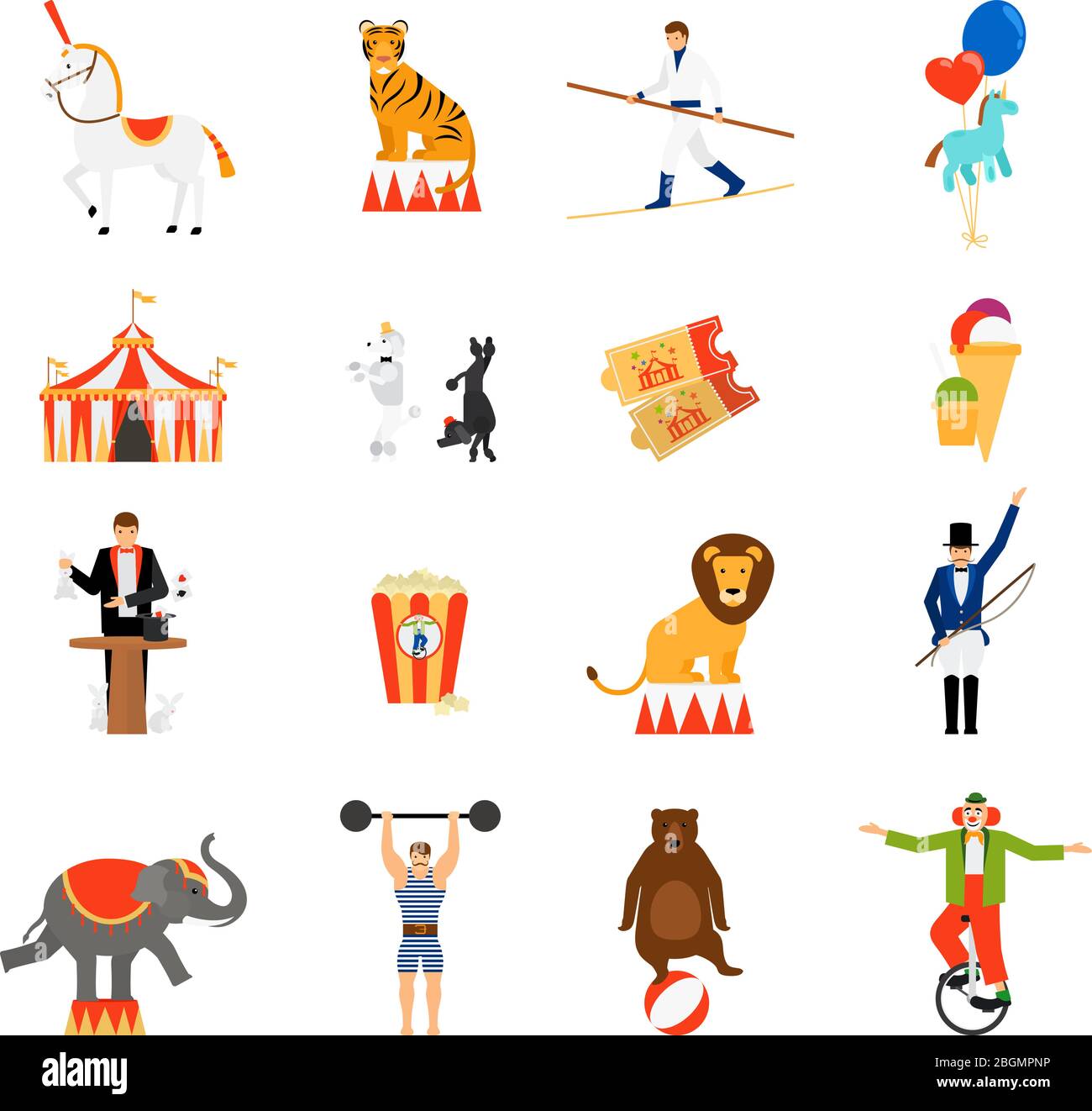 Circus vector flat icons. Striped tent and tickets, magician and clown ...