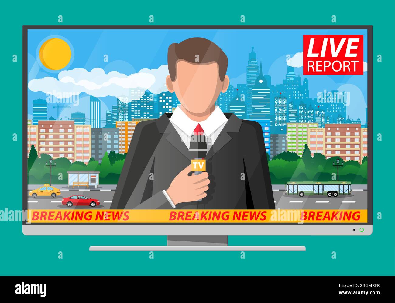 News announcer in the studio. Cityscape with buildings, clouds, sky ...