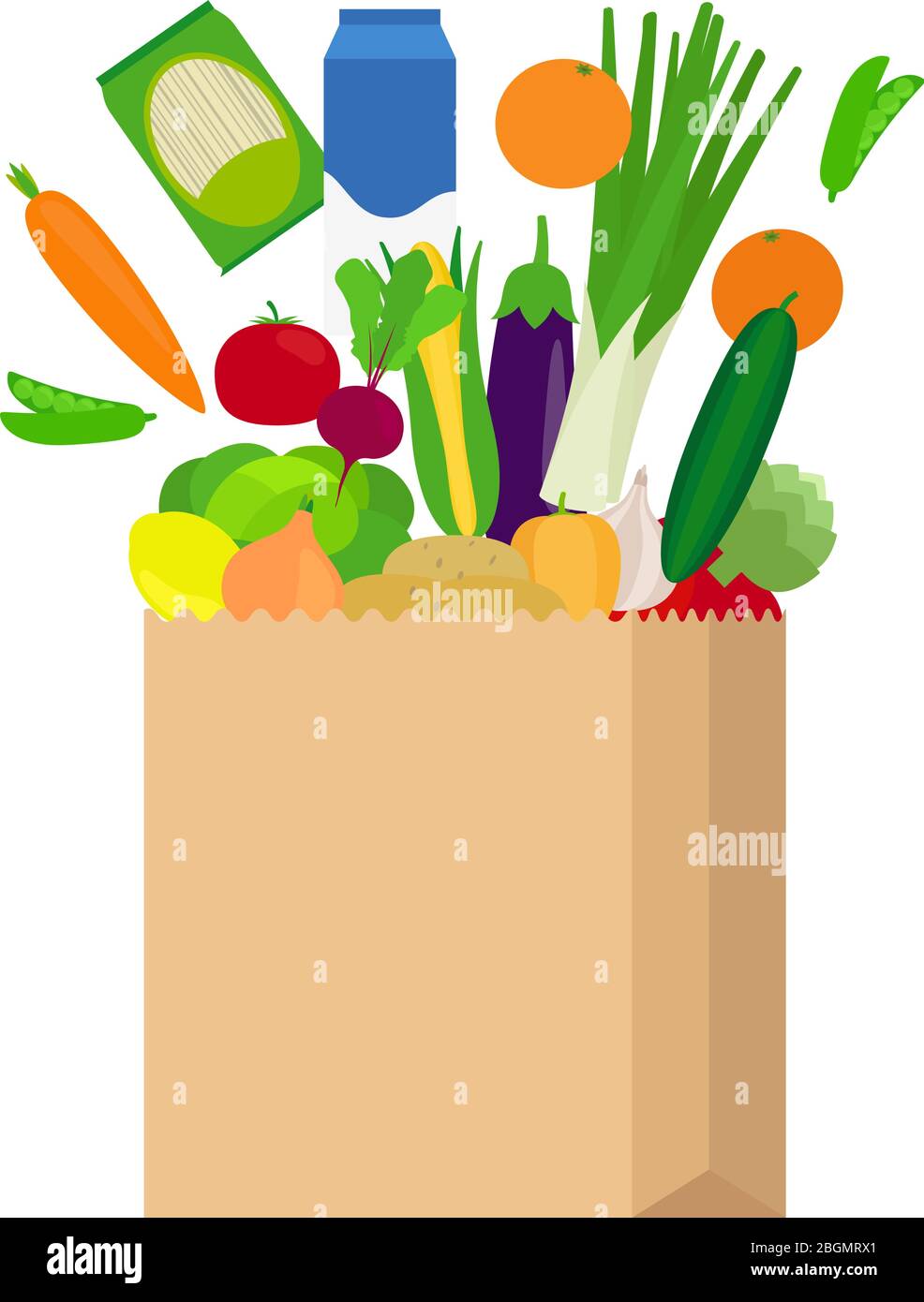 Paper bag with fresh food products in flat style on white background ...