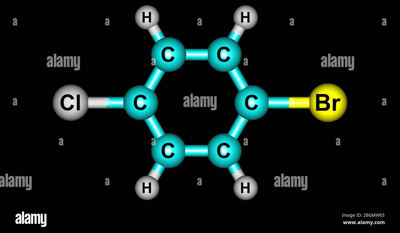 1-Bromo-4-chlorobenzene molecule, halogen atoms and benzene. 3d illustration Stock Photo - Alamy