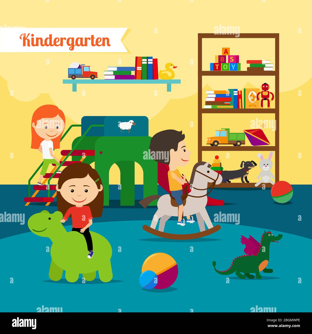 Kindergarten. Children playing in kinder garden. Vector illustration ...