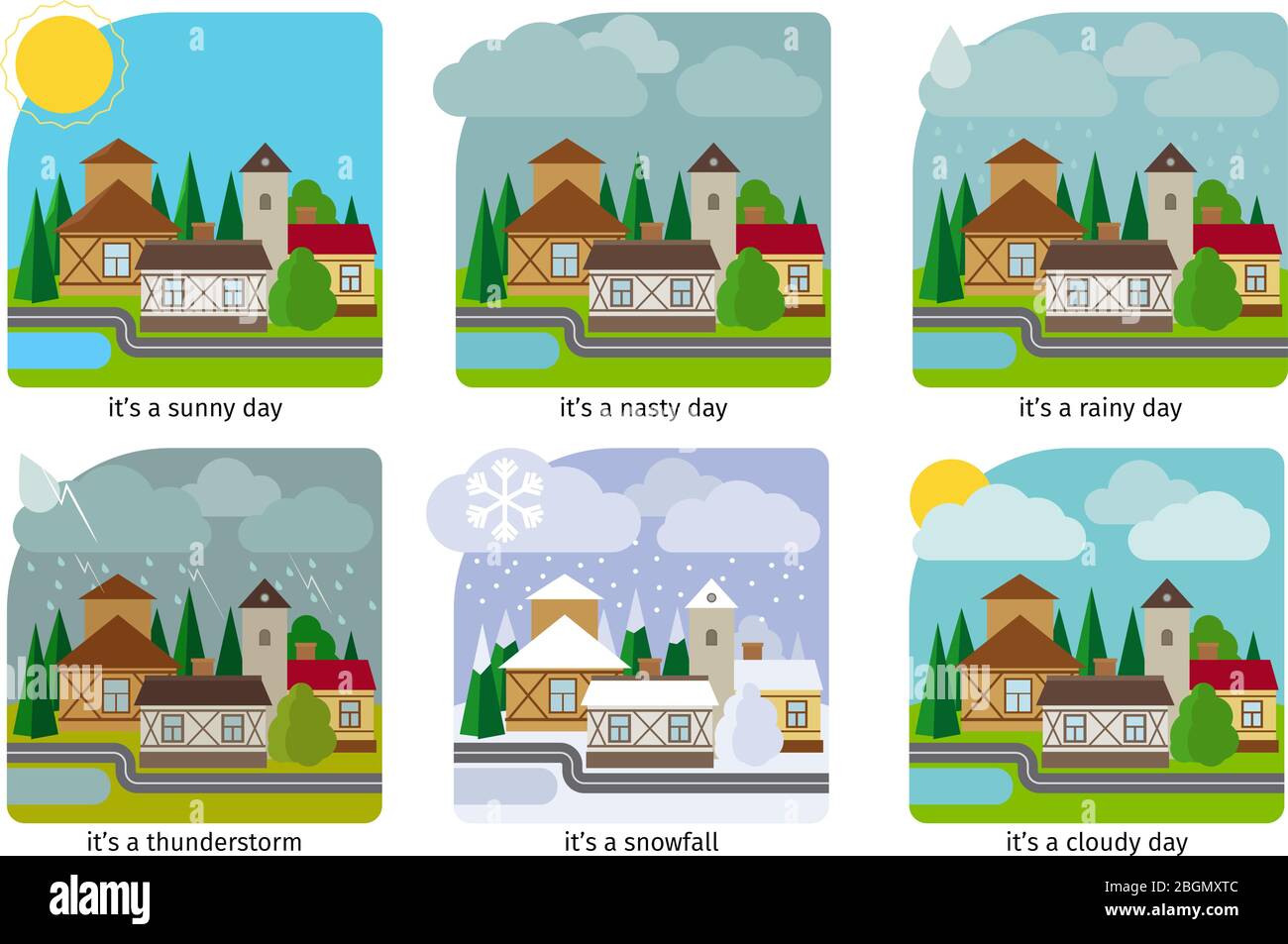 Different weather in the town. Sun rain and thunderstorm. Vector ...