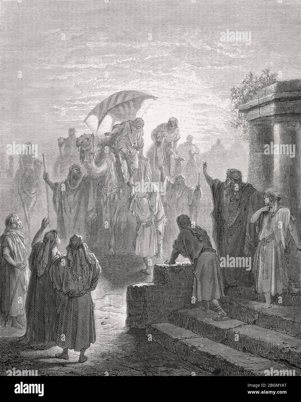 Isaac meets Rebekah, woodcut by Gustave Doré Stock Photo - Alamy