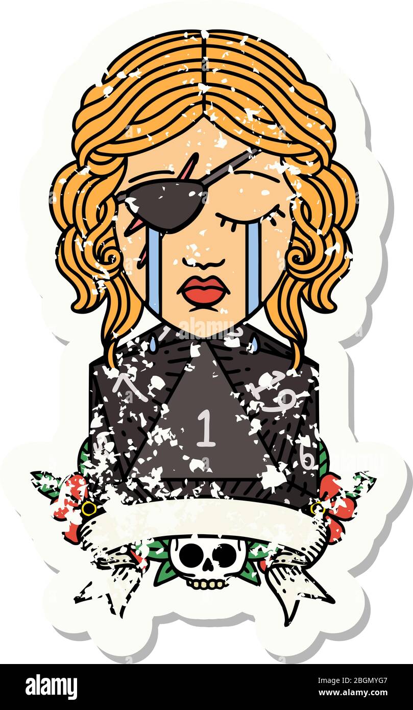grunge sticker of a crying human rogue with natural one roll Stock ...