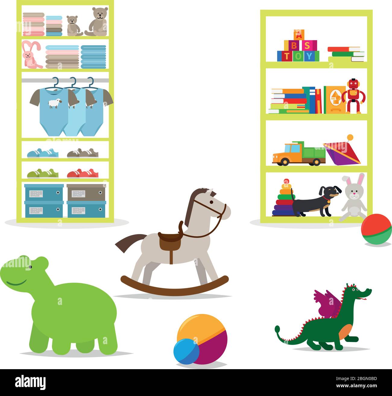 Children shop interior elements. Toys and children clothing on the ...