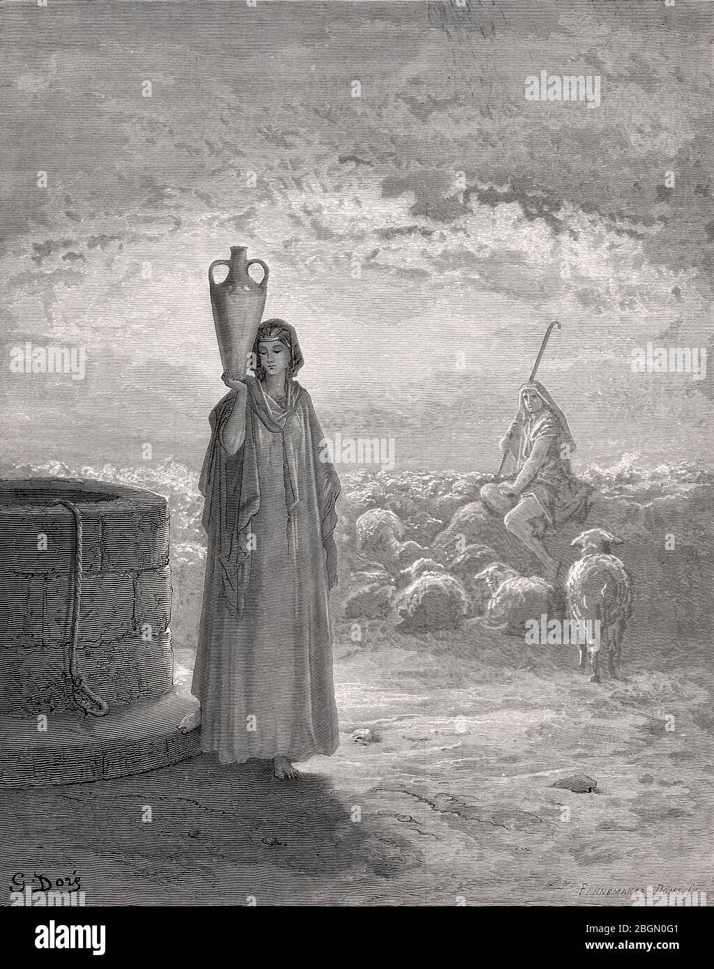 Jacob keeping Laban's flock and meets Rachel, woodcut by Gustave Doré ...