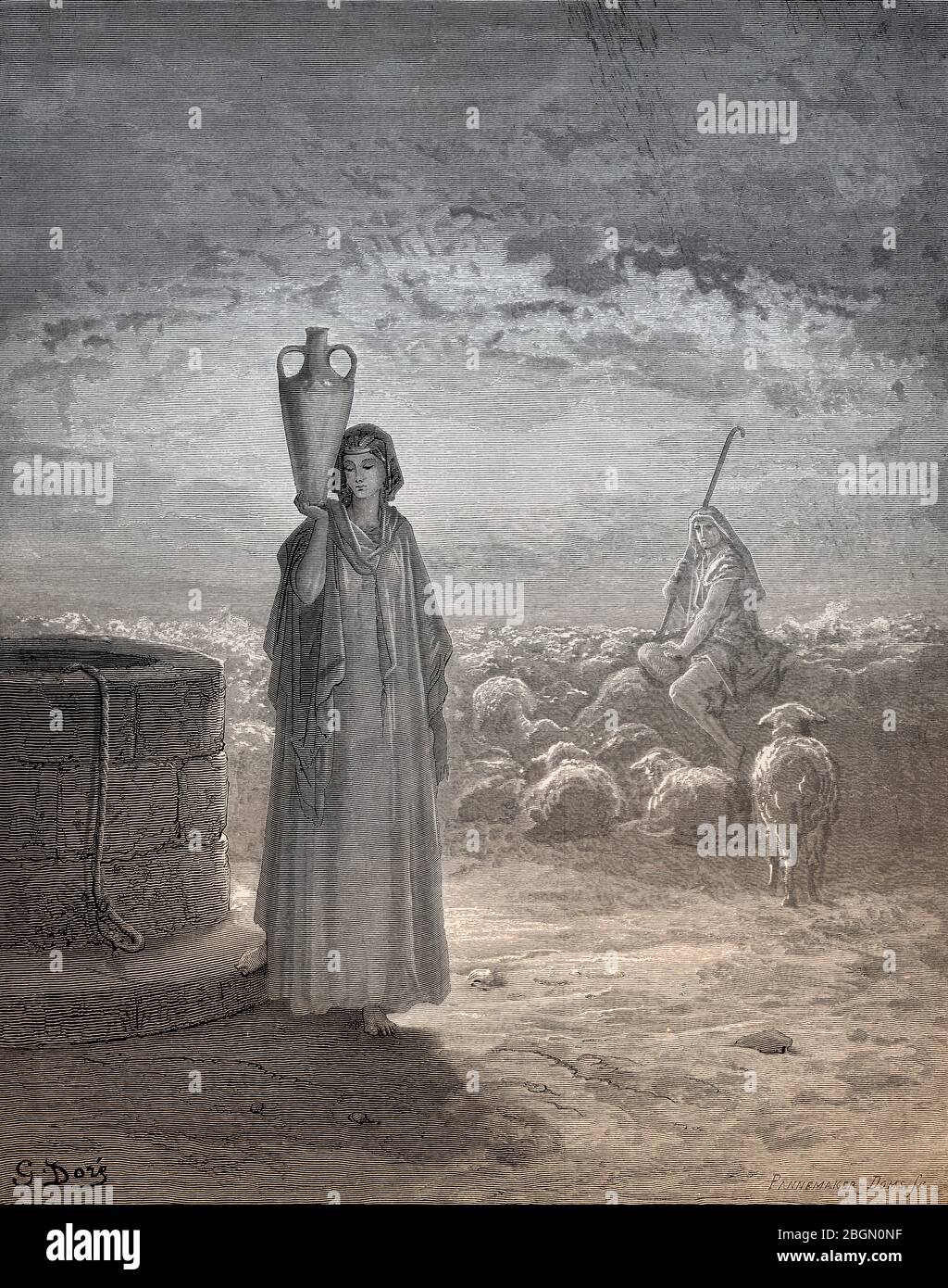 Jacob keeping Laban's flock and meets Rachel, woodcut by Gustave Doré ...