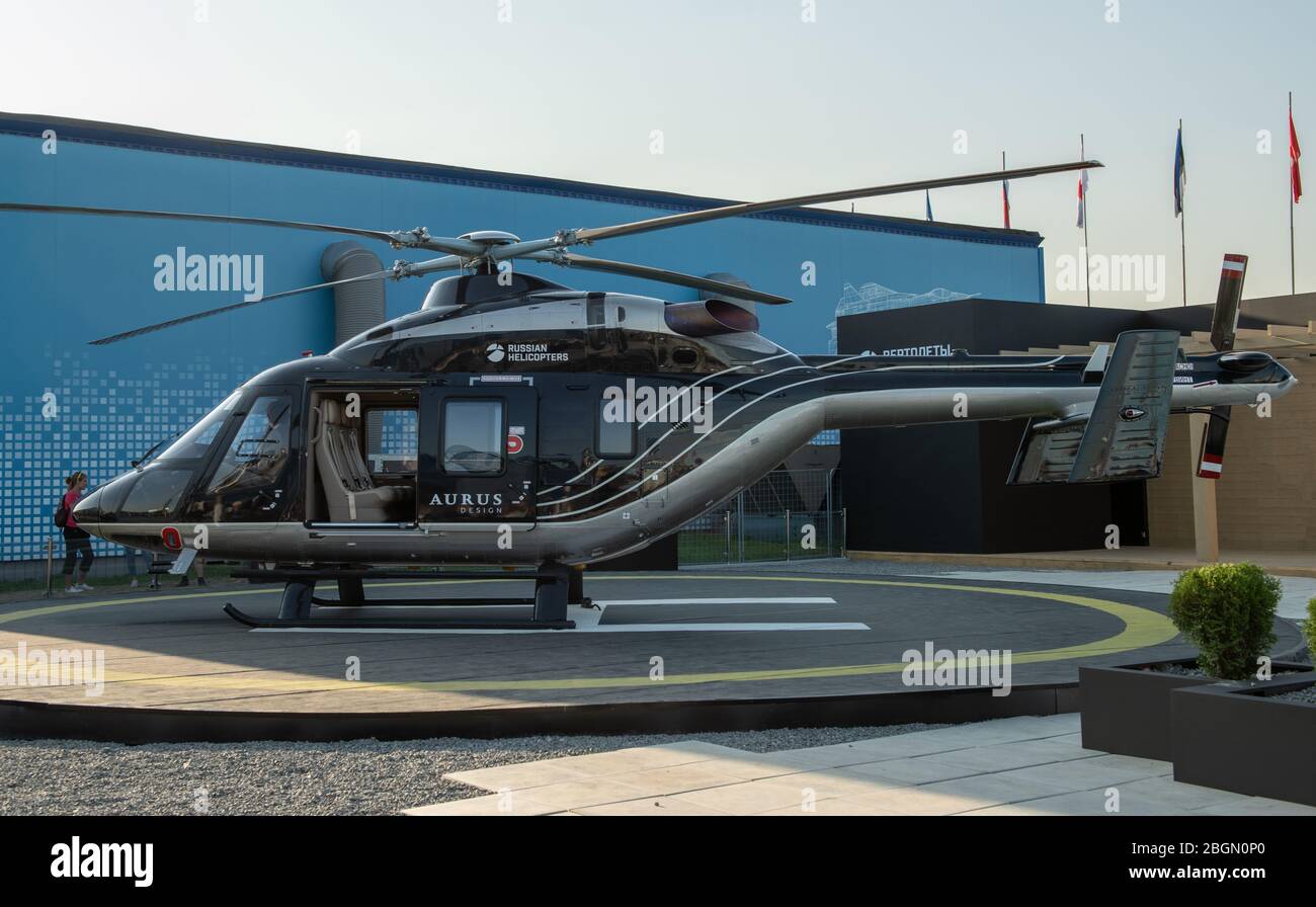 August 30, 2019 Zhukovsky, Russia. The Ansat helicopter in the Aurus ...
