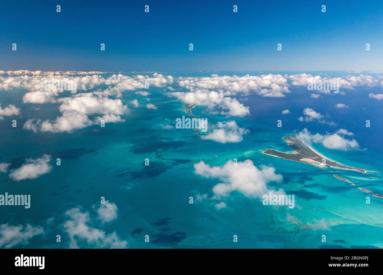Aerial view of Bahama islands and surrounding blue waters, with small ...