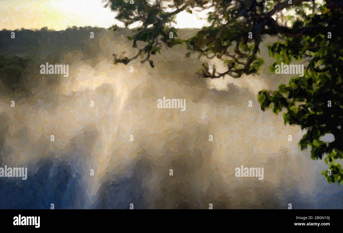 Digital art impasto effect on water, spray and sun on Iguacu Falls ...