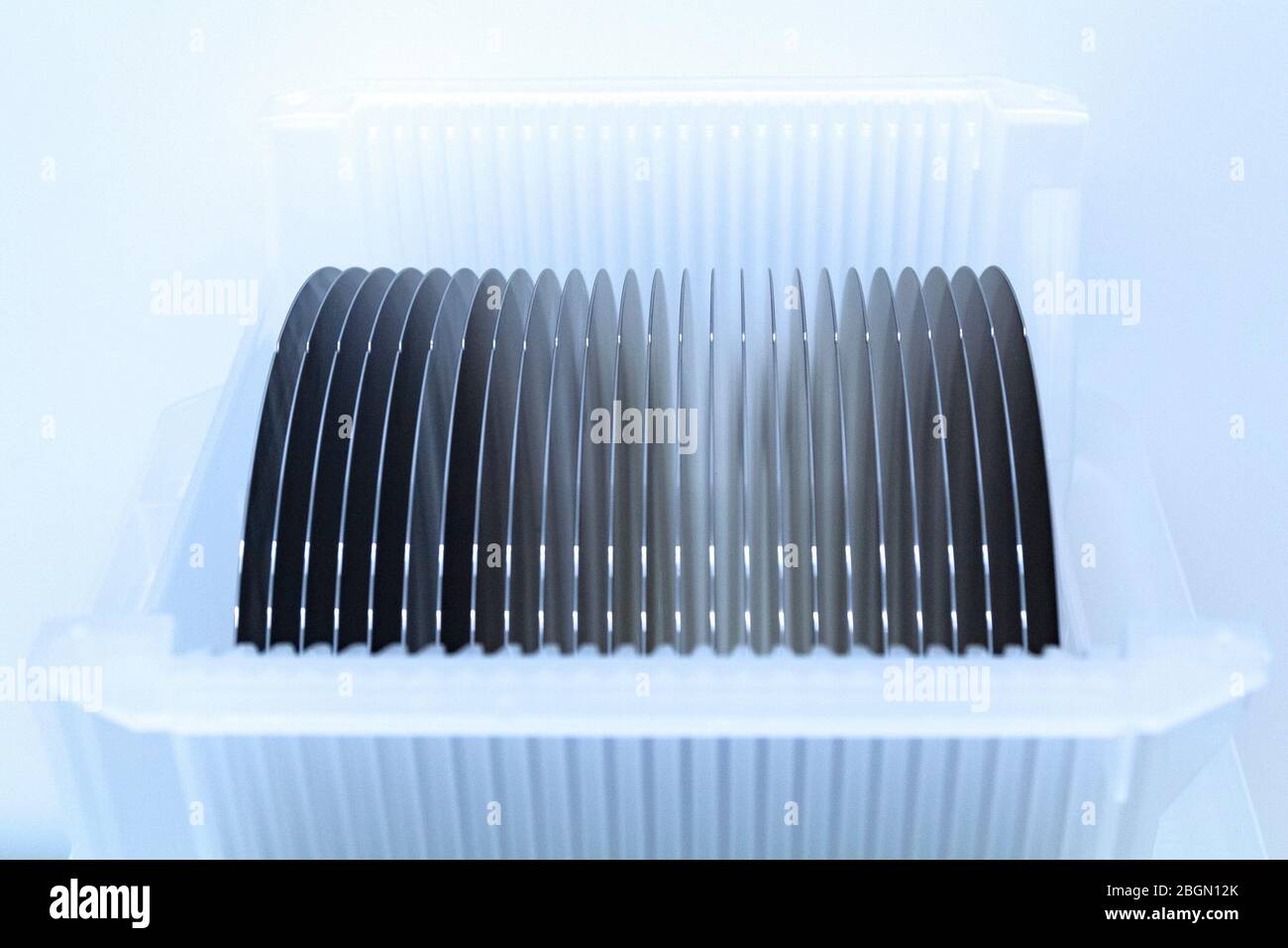 Close up of Silicon wafers grey color prepared for production in a ...