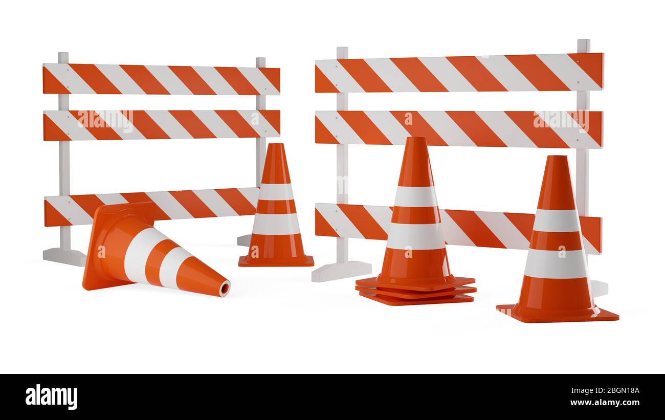 Orange traffic warning cones or pylons with street barriers on white ...