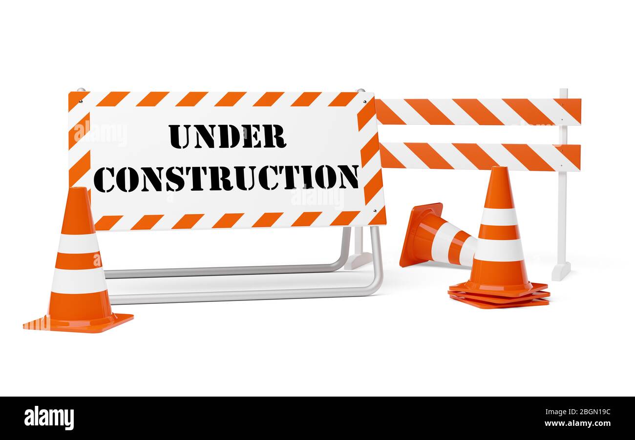 Orange traffic warning cones or pylons with street barrier and under ...