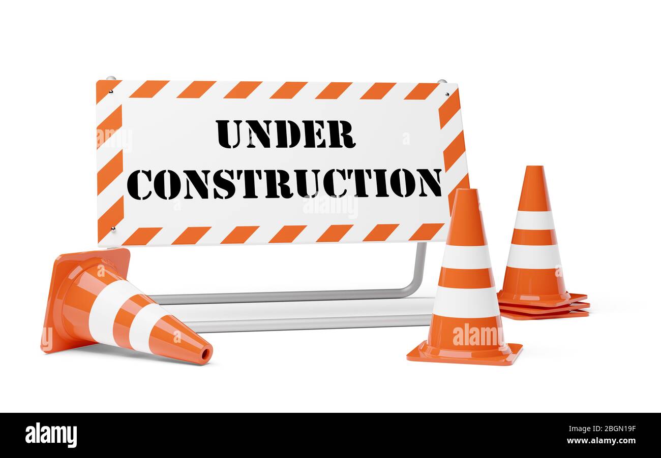 Orange traffic warning cones or pylons with street barrier under ...