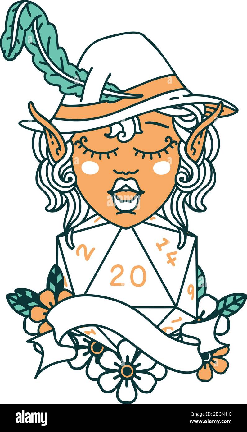 Retro Tattoo Style elf bard character with natural twenty Stock Vector ...