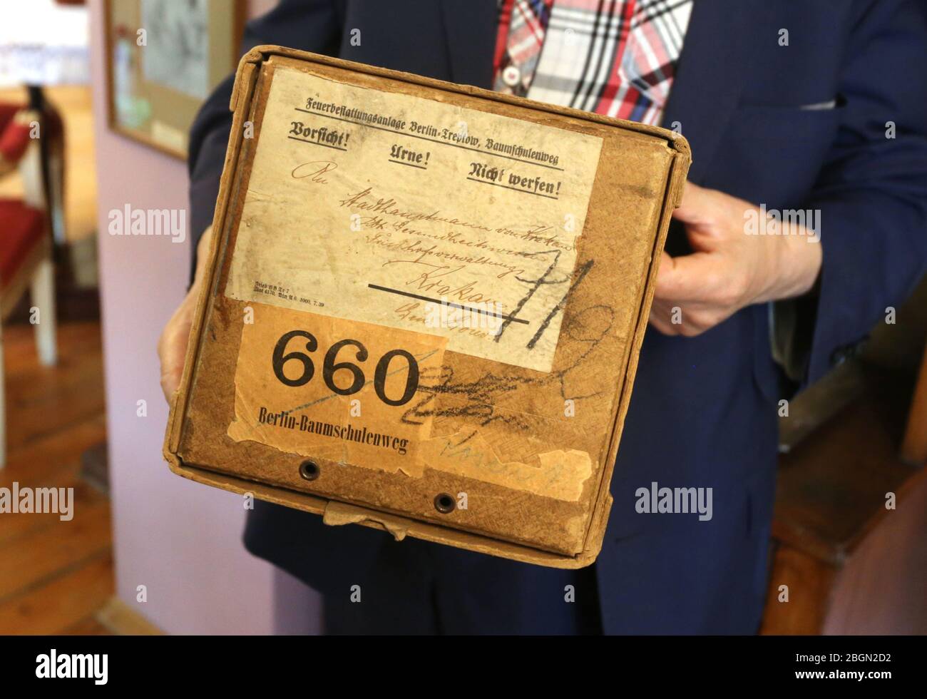 The cardboard urn send from Nazi German Sachsenhausen-Oranienburg ...