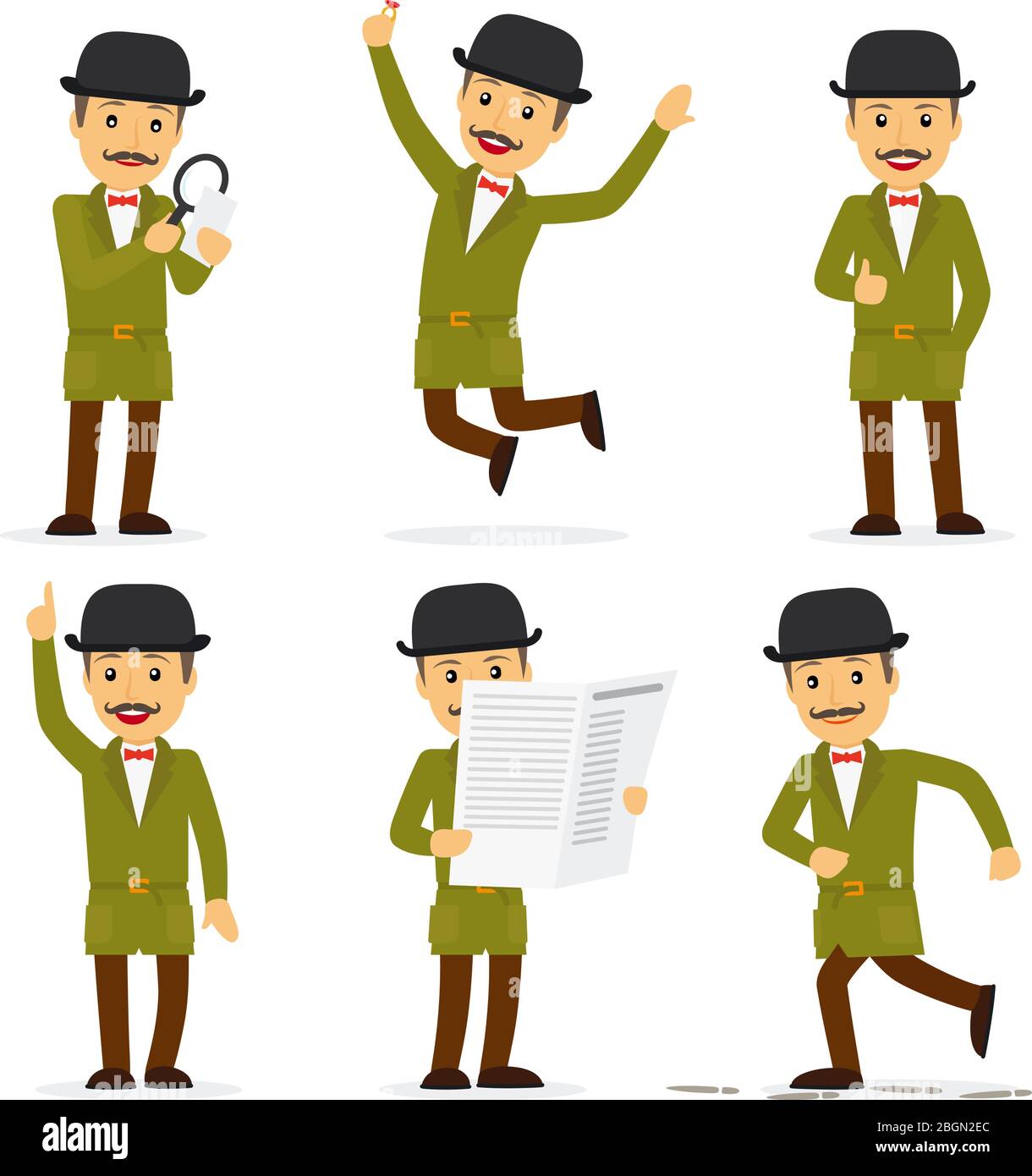 Detective character in different poses with newspaper and magnifying ...