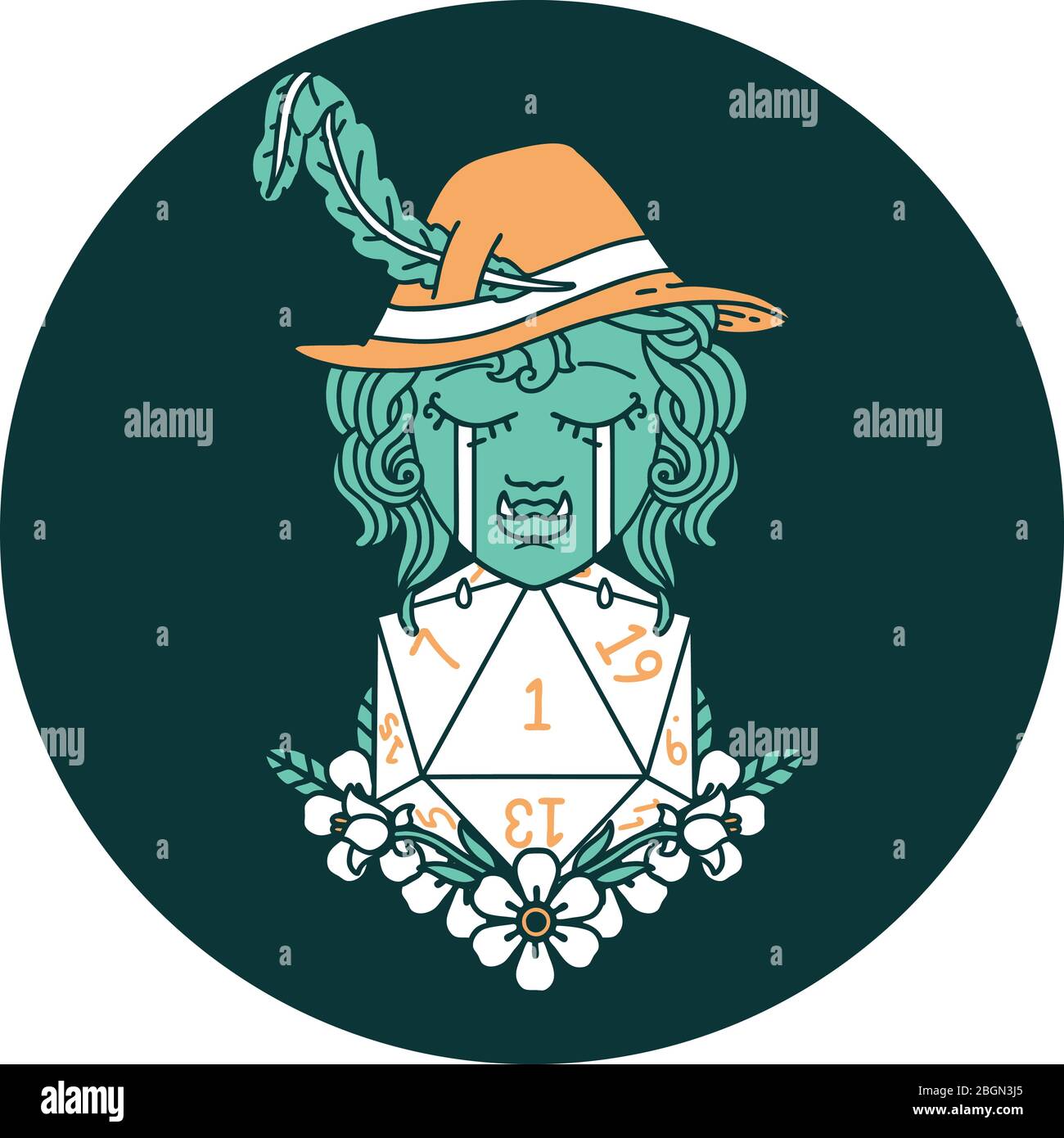 icon of sad half orc bard character with natural one d20 roll Stock ...