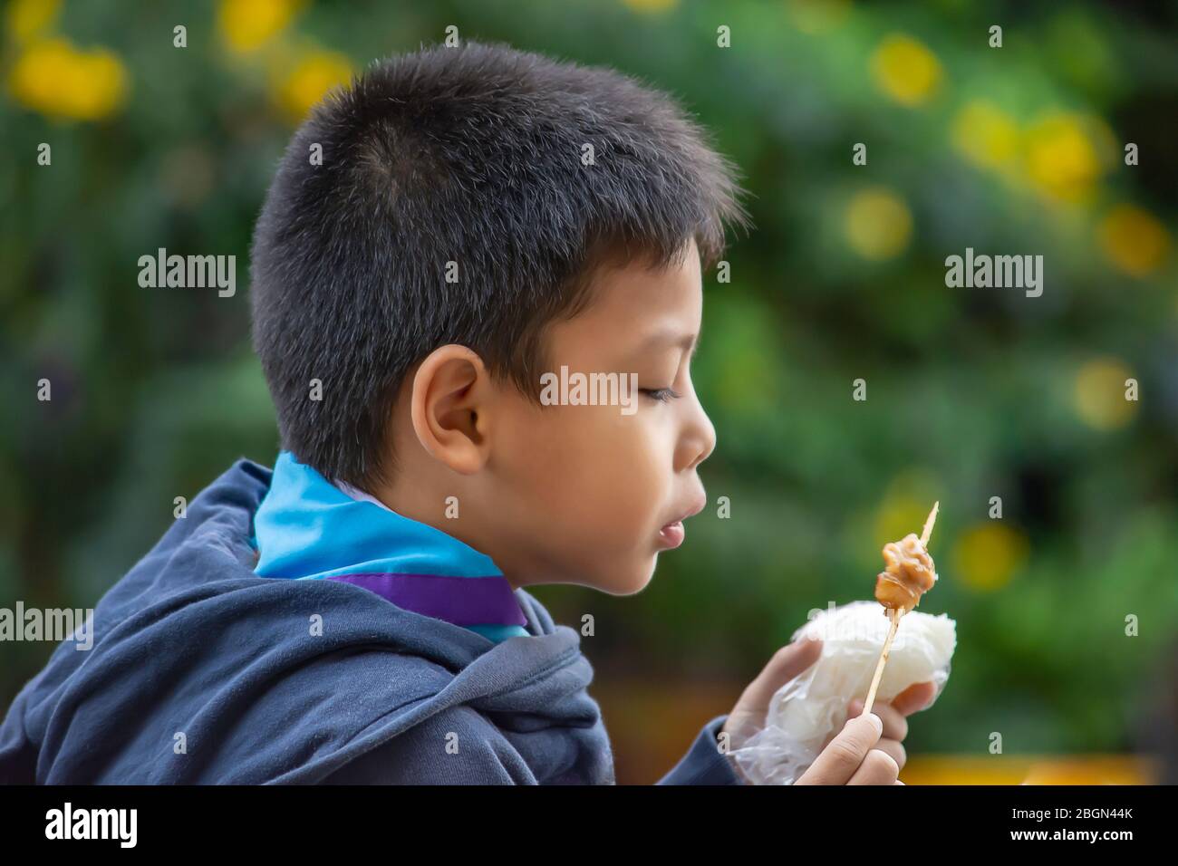 Asian boys are eating sticky rice and pork roast , The food is simple ...