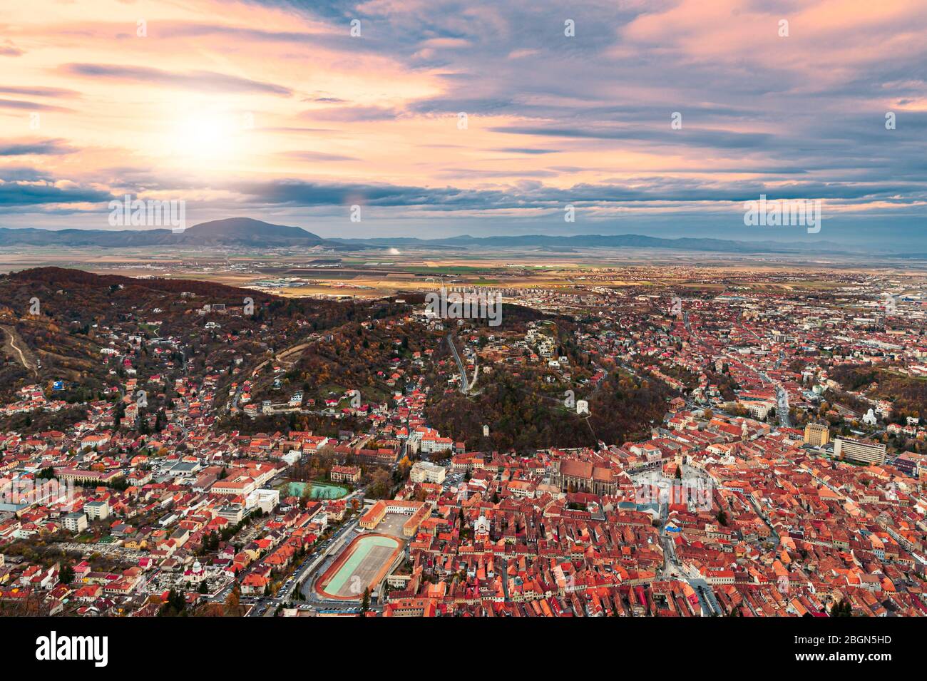 Brasov city aerial view, Transylvania, Romania. Viewed from the top of ...