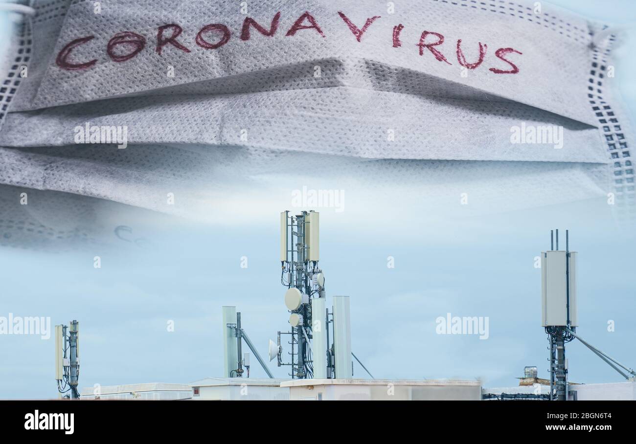 5g Antennas and coronavirus face mask composition Stock Photo - Alamy