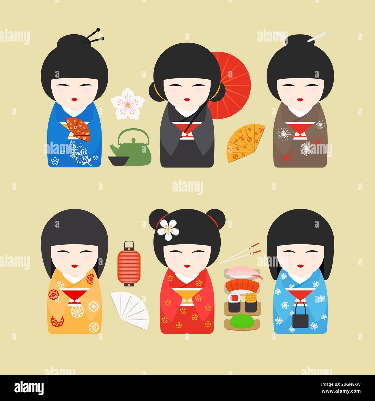 Japan dolls icons. Kokeshi dolls with fans and lanterns. Vector ...