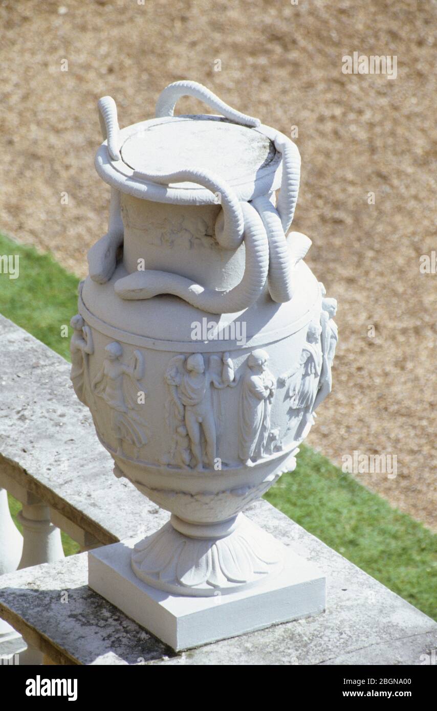 An ornamental Urn standing on the rear patio of Buckingham Palace. The ...
