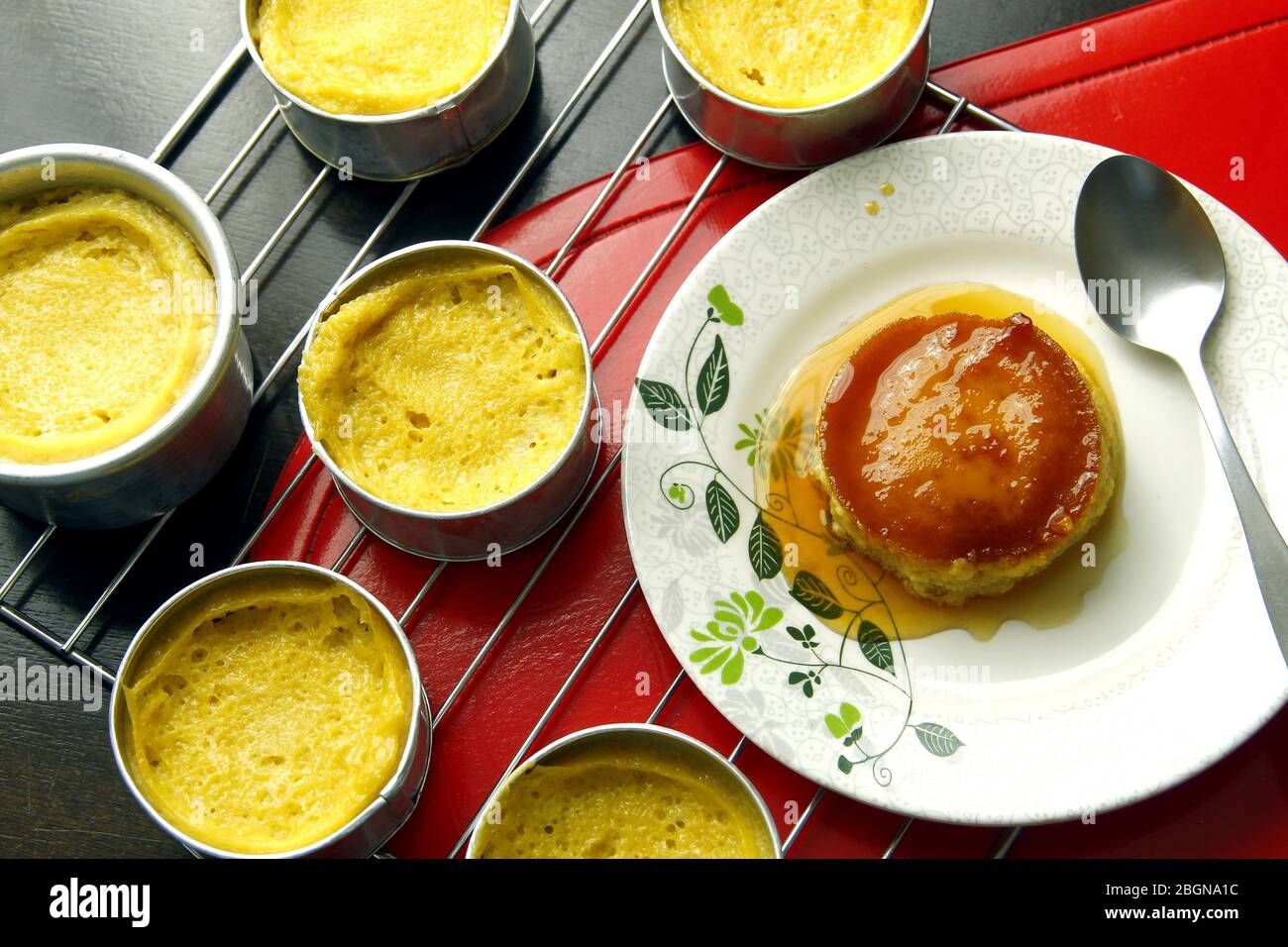 Photo of freshly cooked Leche Flan on a table Stock Photo - Alamy