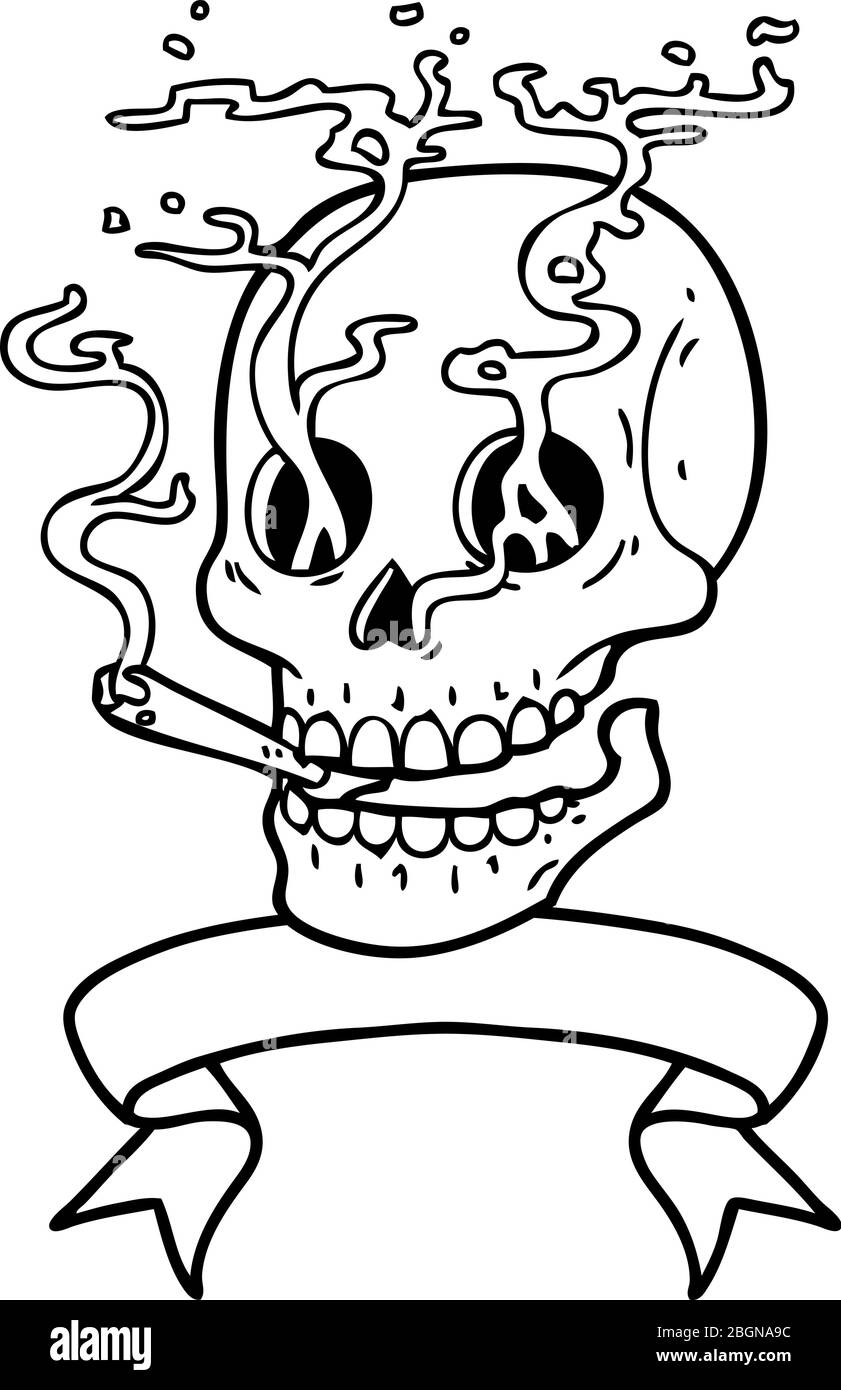 traditional black linework tattoo with banner of a skull Stock Vector ...