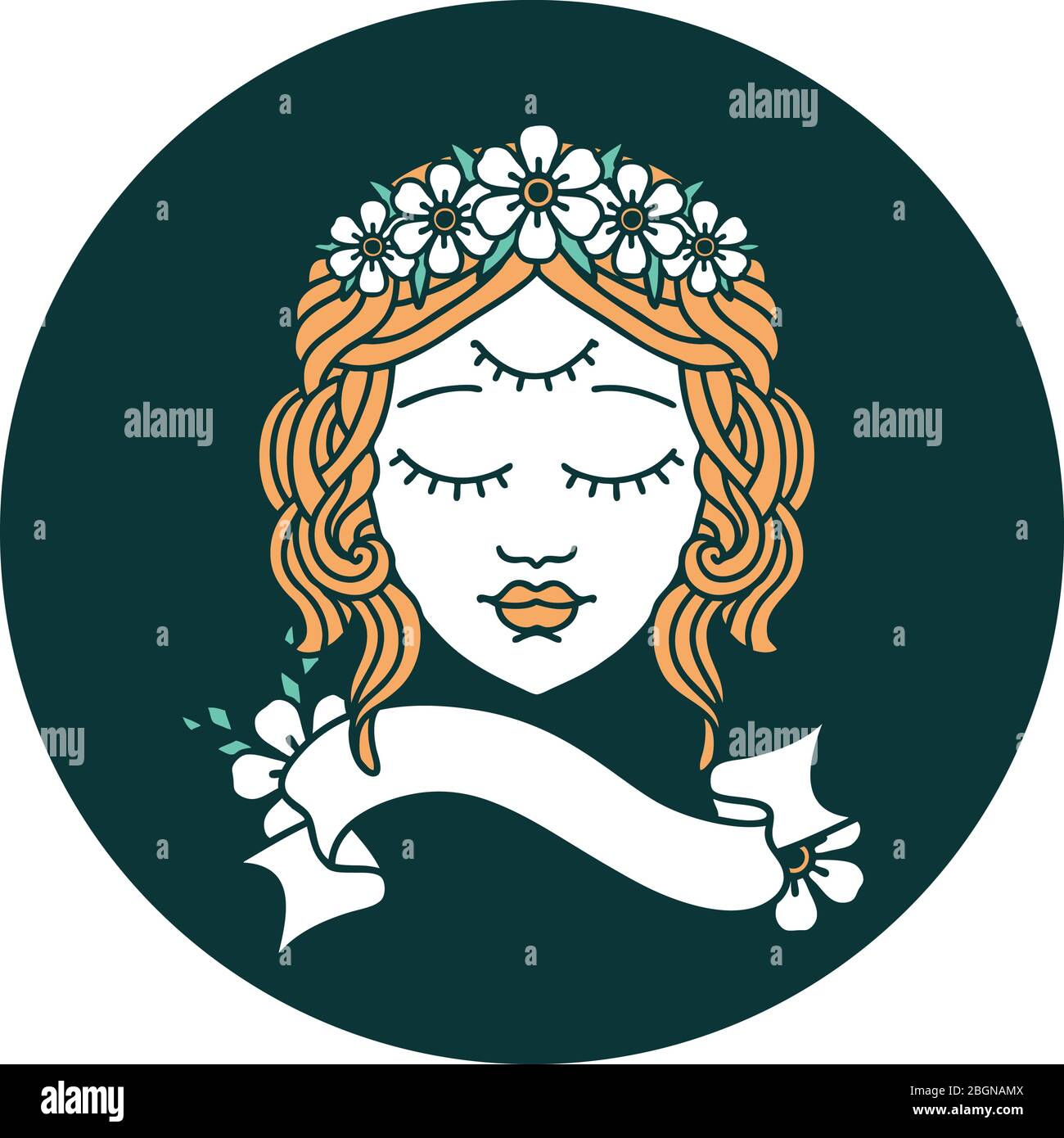 tattoo style icon with banner of female face with third eye Stock ...