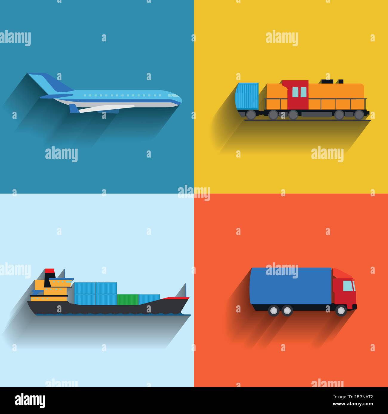 Transportation concept flat icons. Cargo ship and plane and truck ...
