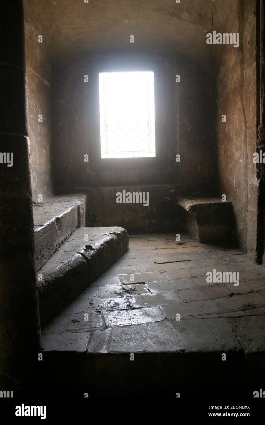 Hunedoara, Romania. Window nook inside the Corvin Castle, with stone ...