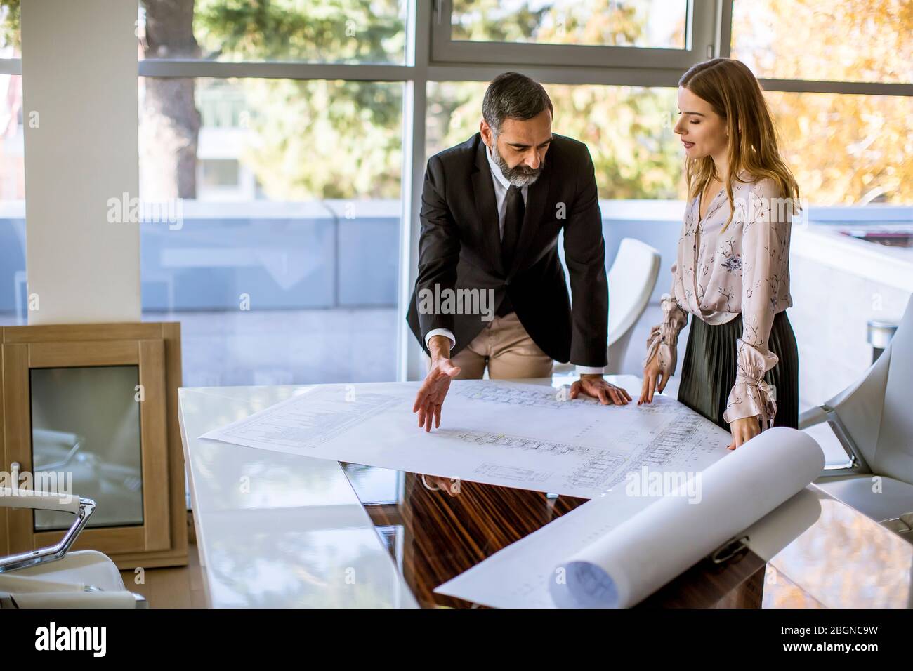 Handsome architect and his young female colleague checking plans and ...