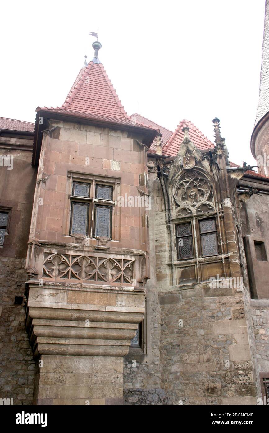 Windows of the medieval Corvin Castle in Hunedoara, Romania Stock Photo ...