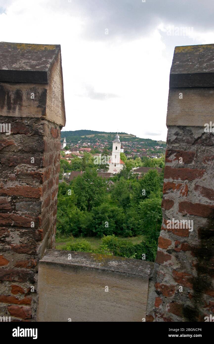 Hunedoara city seen from the medieval Corvin Castle in Romania Stock ...