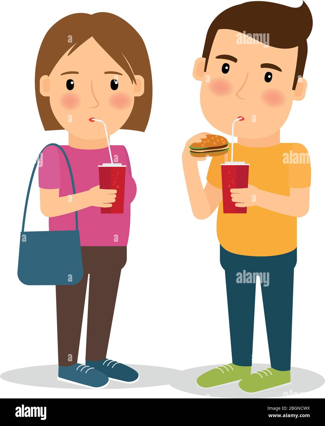 People eat fast food. Man and woman with fast food hamburger and cola ...