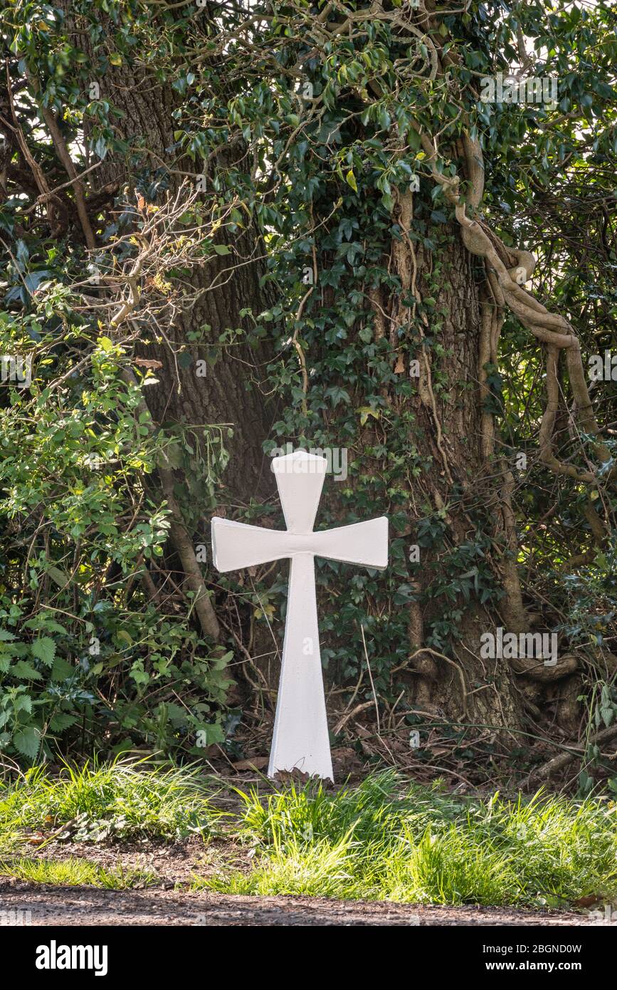 White plague crosses put up by artist Pete Smith around Presteigne, UK ...