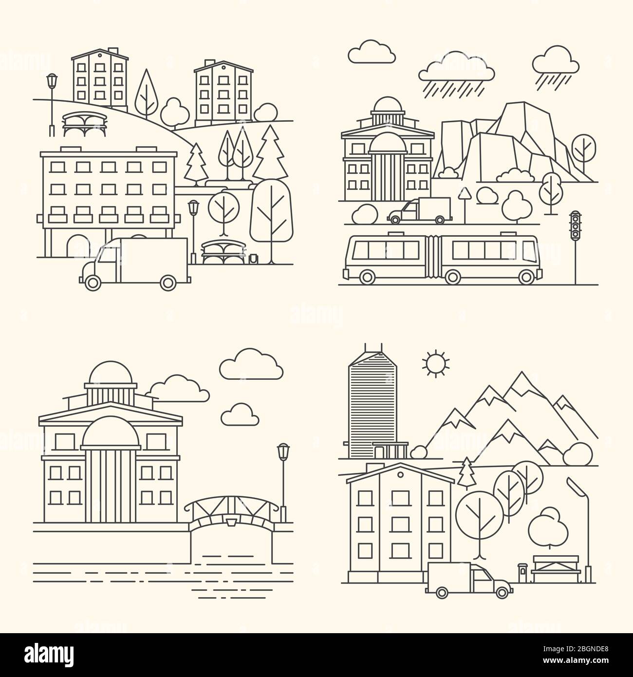 City linear elements. City buildings and transport, urban landscape in ...