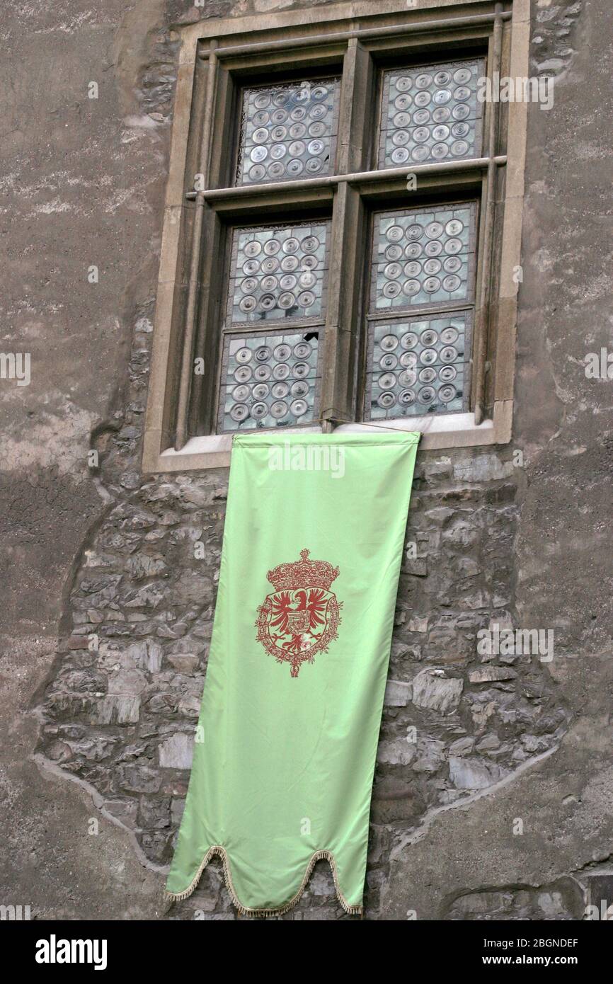 Windows towards the courtyard of the medieval Corvin Castle in ...