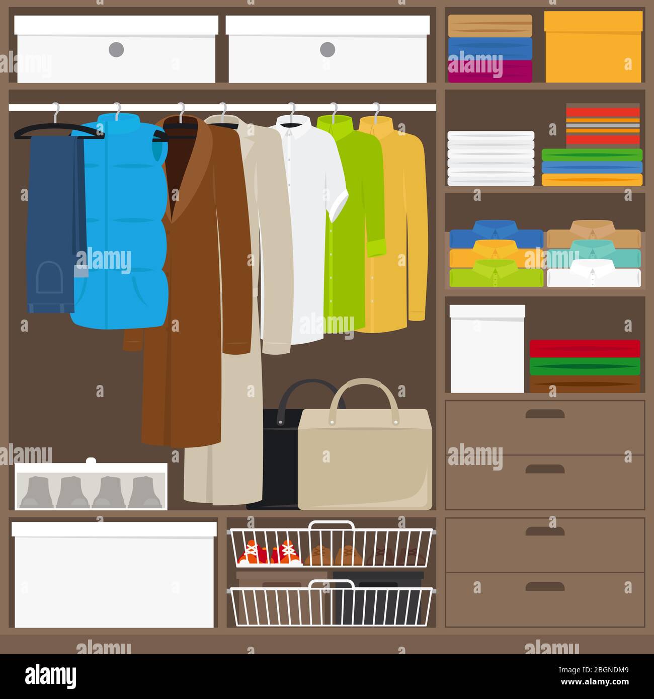 Men cloths wardrobe wuth different types of clothes. Vector ...