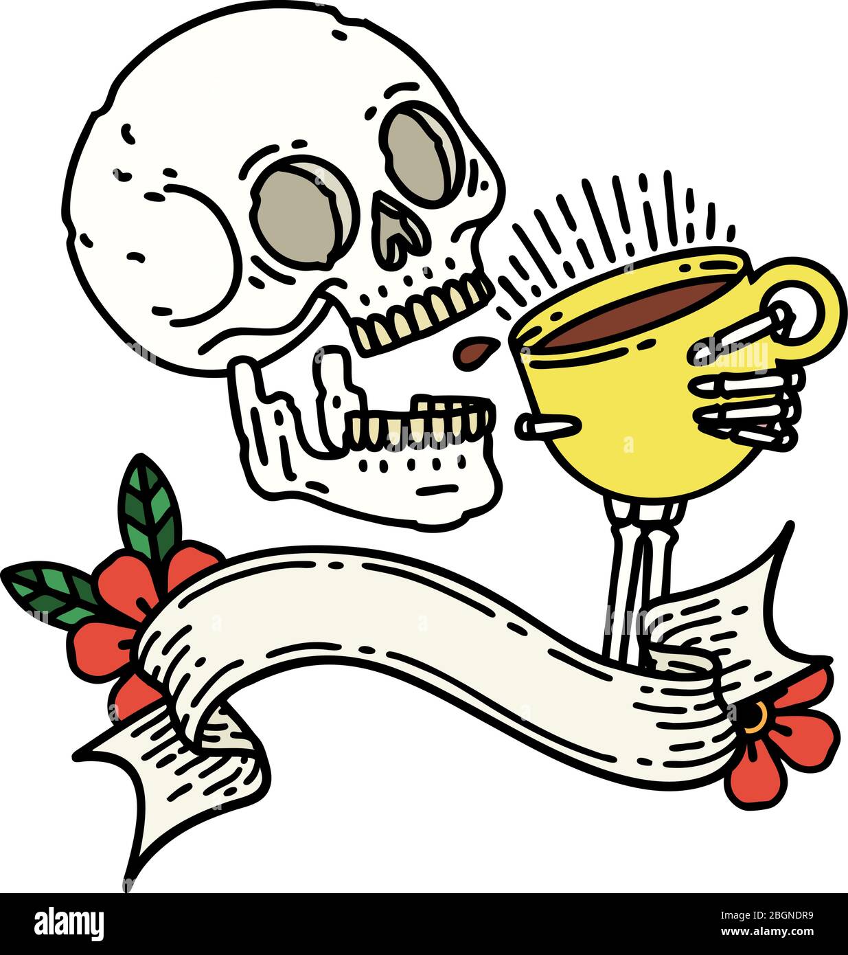 traditional tattoo with banner of a skull drinking coffee Stock Vector ...