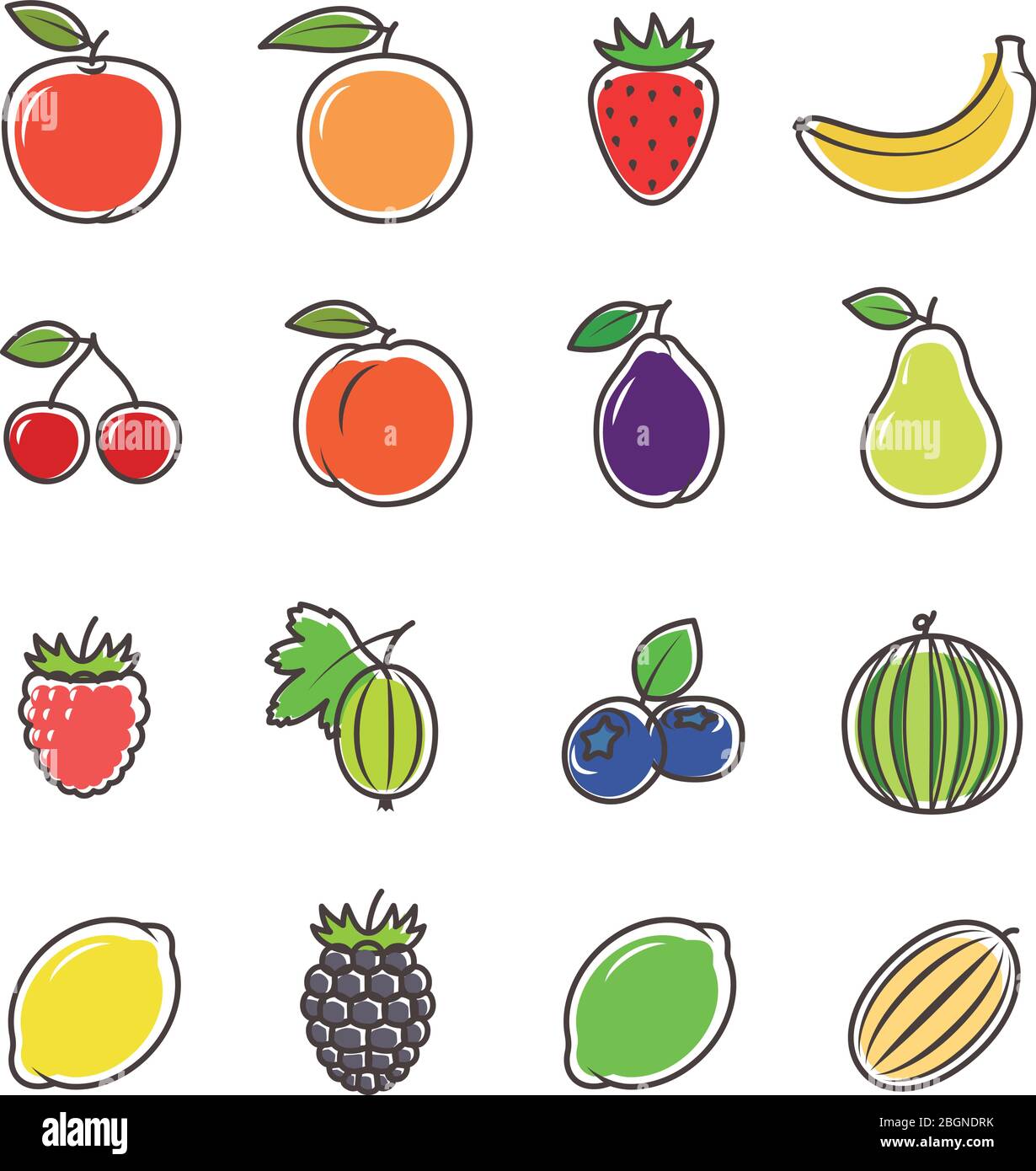 Fruit outline icons and berries line and color signs. Vector ...