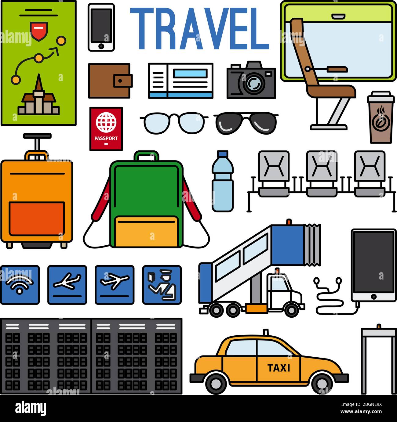 Airport and travel flat icons. Colorful icons of luggage, arrival board ...