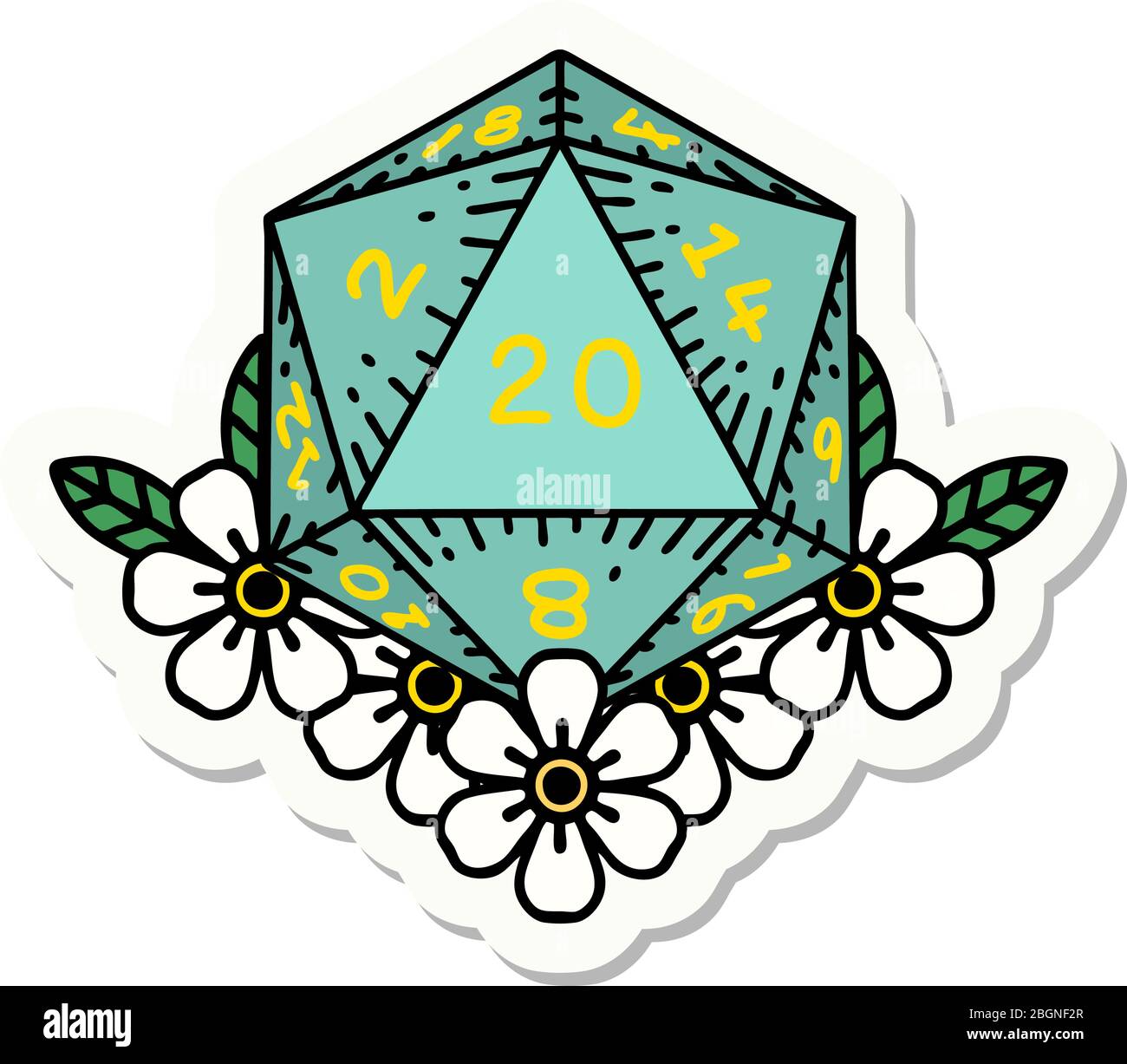 sticker of a natural 20 D20 dice roll with floral elements Stock Vector ...