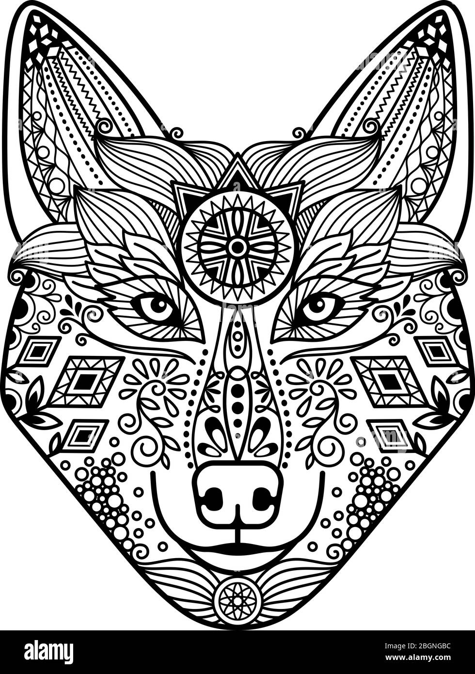 Zentangle wolf head with hand drawn guata ornament. Black image on ...