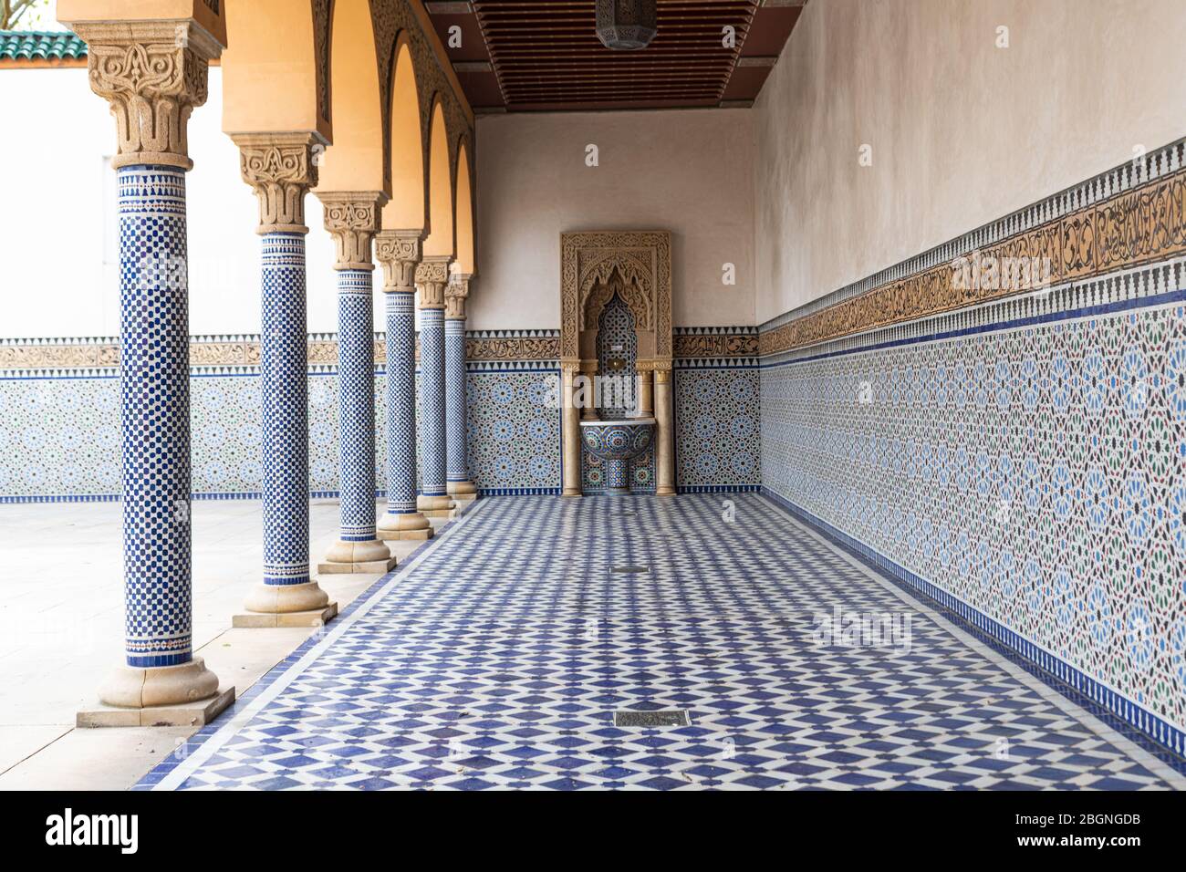 arabic arcade colonnade portico with wooden ceiling with ornaments ...