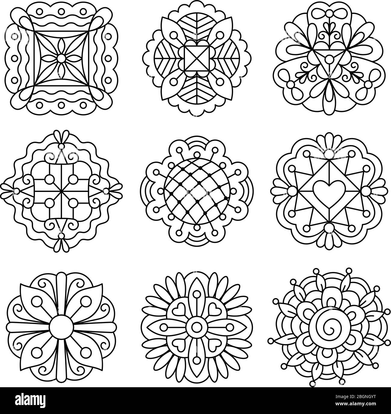 Black ink drawing flowers. Circle doodle etching flower vector set ...
