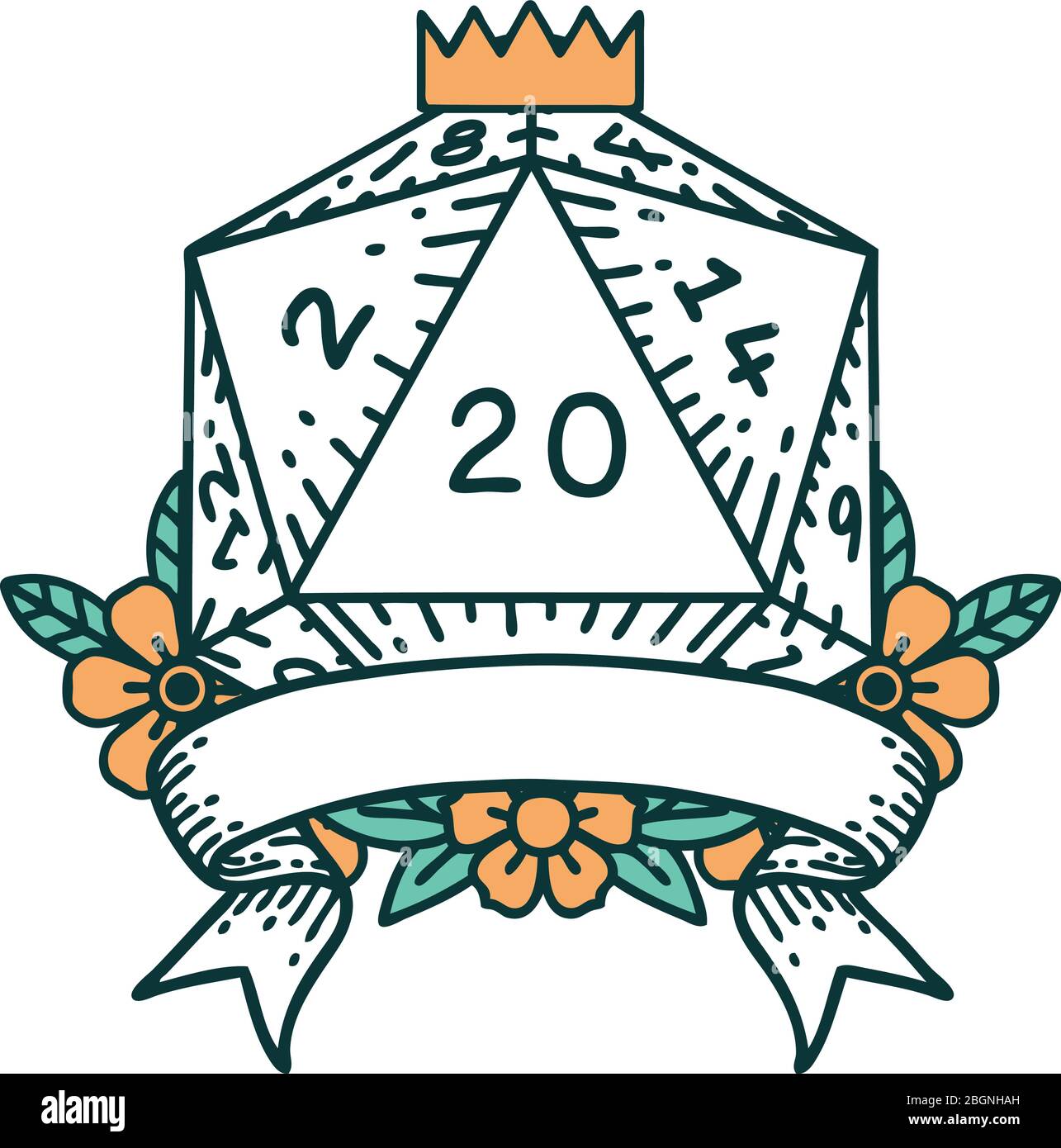 Retro Tattoo Style natural 20 critical hit D20 dice roll Stock Vector ...