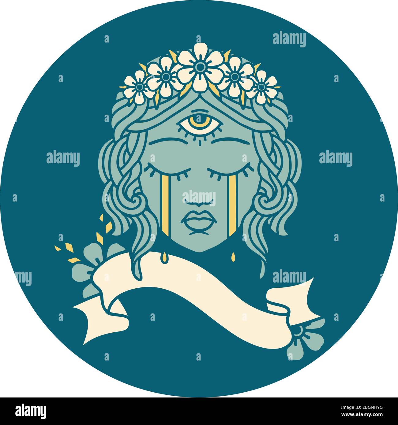 tattoo style icon with banner of female face with mystic third eye ...