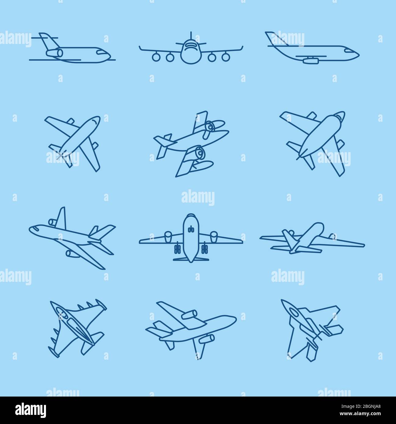 Airplane and aircraft thin line dark blue icons on blue background ...